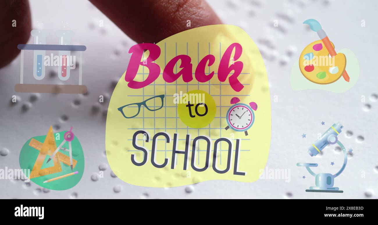 School-themed sticker reading Back to School features various icons ...