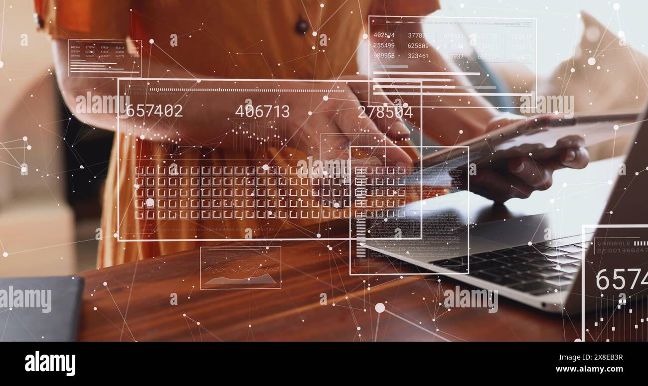 Image of changing numbers, connected dots, caucasian woman using laptop ...