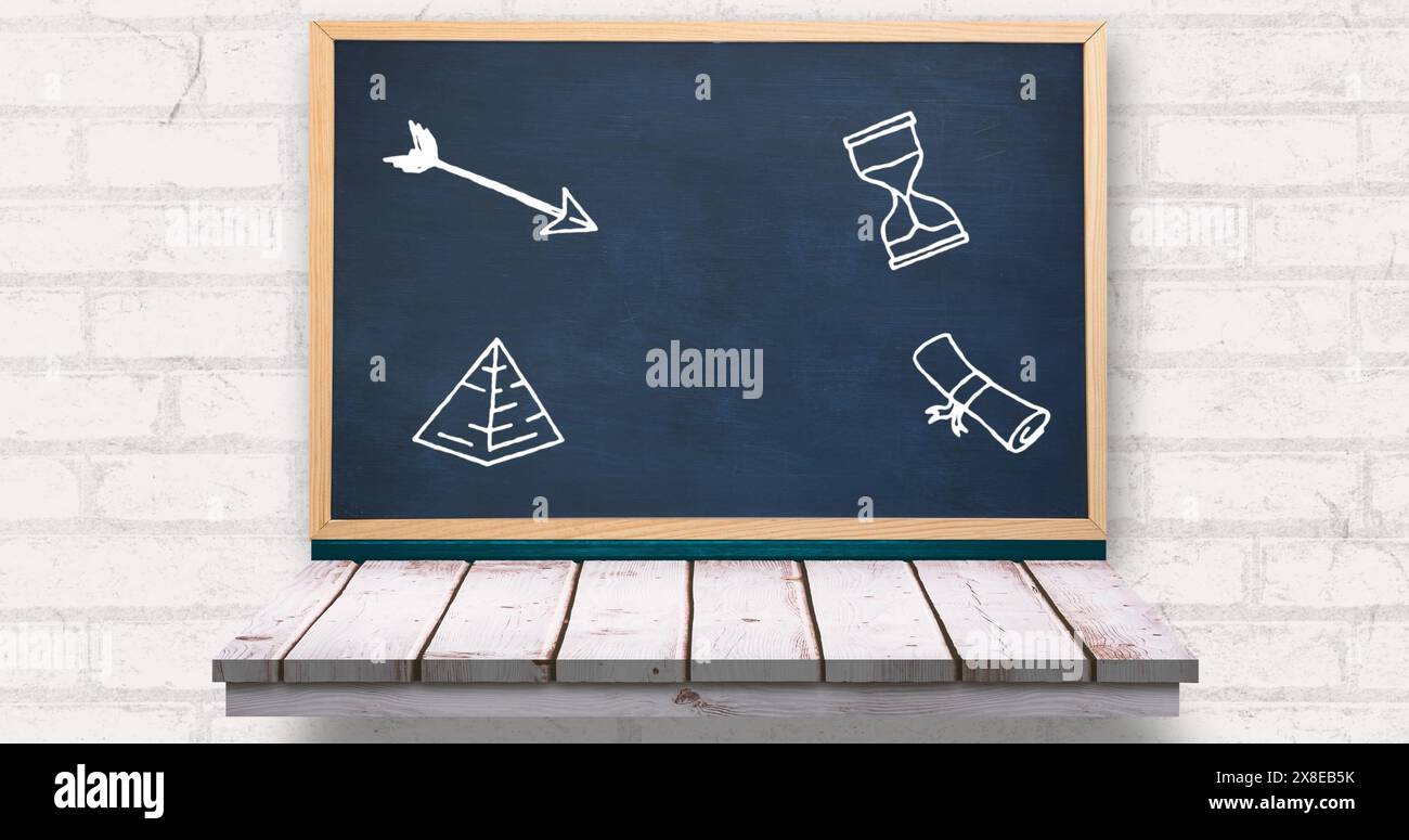 School blackboard displaying drawings of arrow, pyramid, hourglass, and ...
