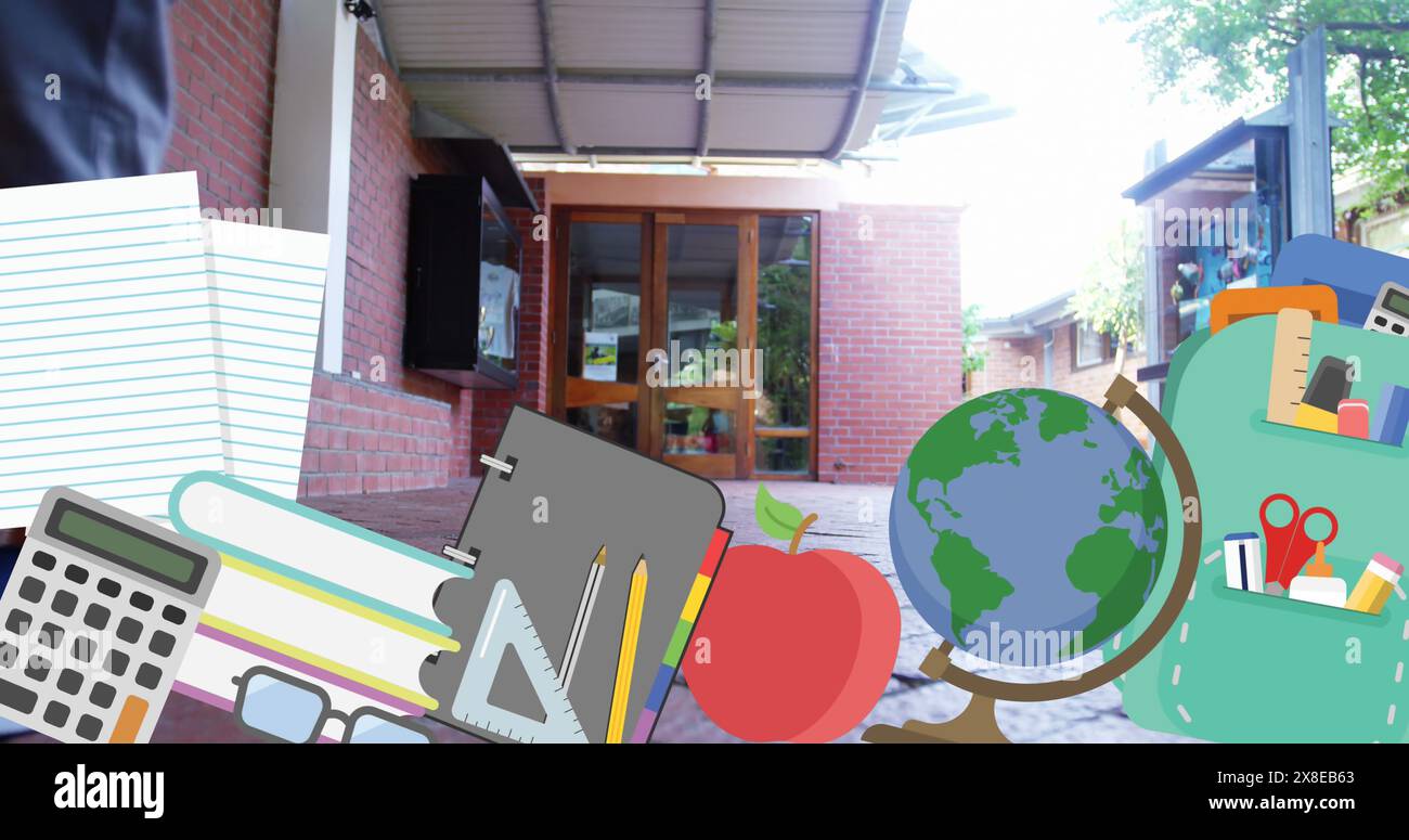 School supplies are scattered in front of school building Stock Photo ...