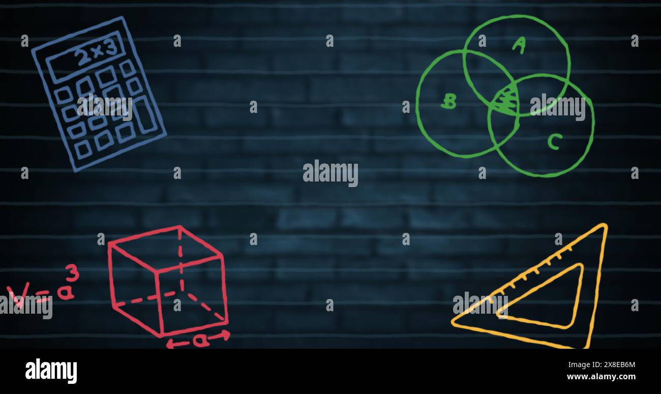 Colorful chalk drawings of mathematical symbols decorating school wall ...