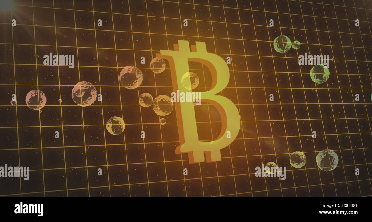 Golden Bitcoin symbol floating above grid with bubbles Stock Photo - Alamy