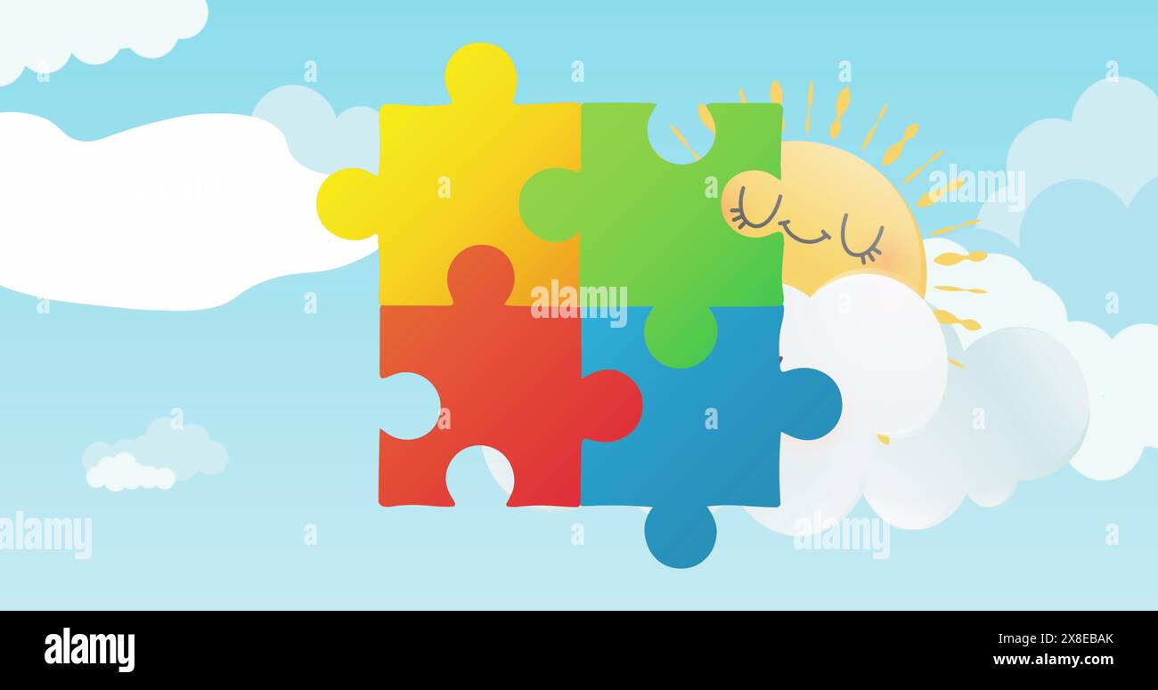 Four colorful puzzle pieces fitting together in sky Stock Photo - Alamy