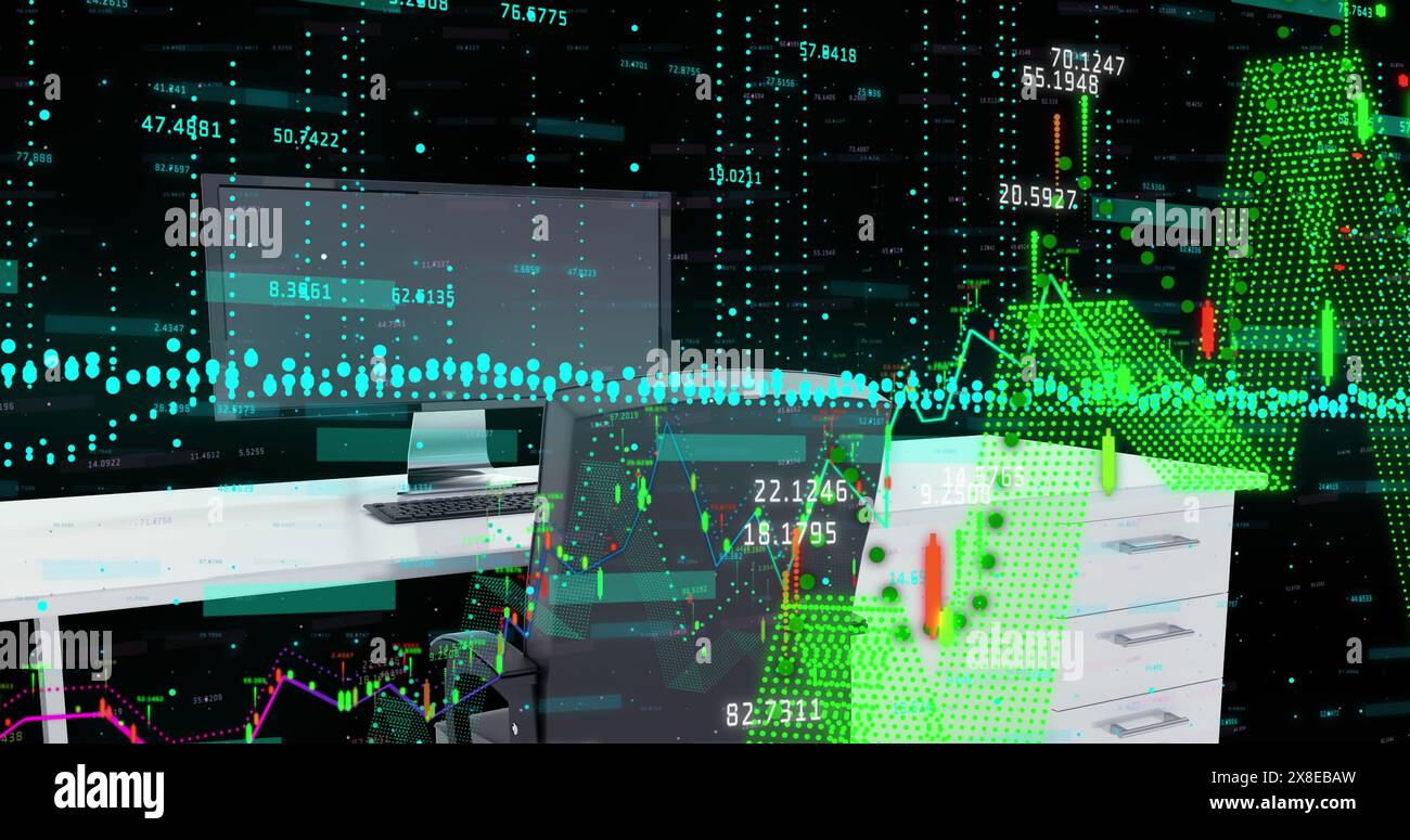Multiple computer screens displaying financial data with green and red ... Multiple computer screens displaying financial data with green and red ...