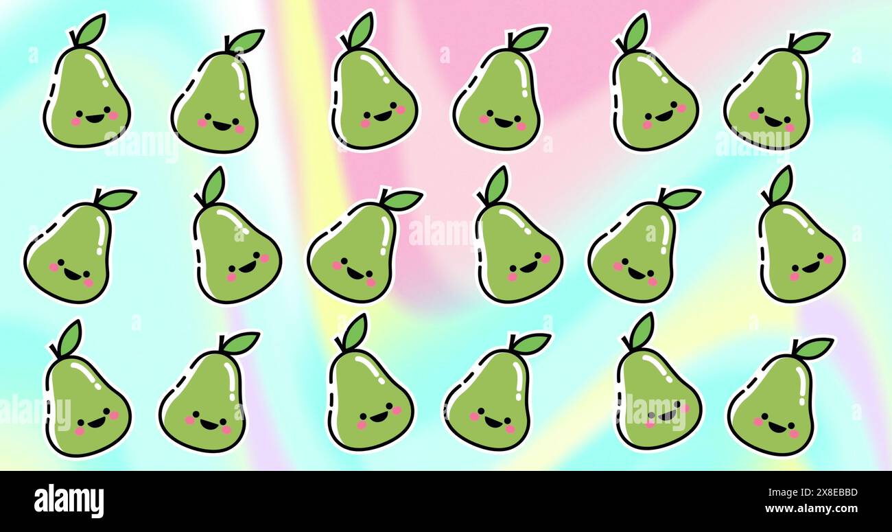 Twenty cartoon pears with cute faces are smiling on colorful background ...