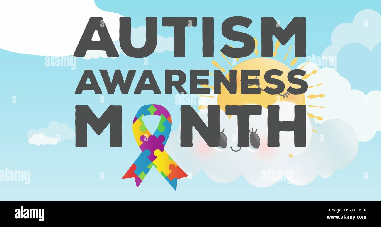 Colorful text and ribbon for Autism Awareness Month against a blue sky ...