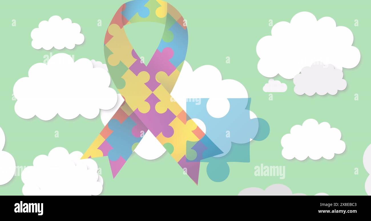 Colorful puzzle piece ribbon floating among white clouds on green ...