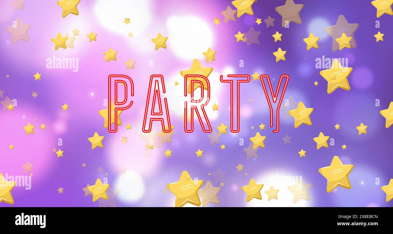 Neon PARTY sign shines with golden stars on a purple backdrop Stock ...