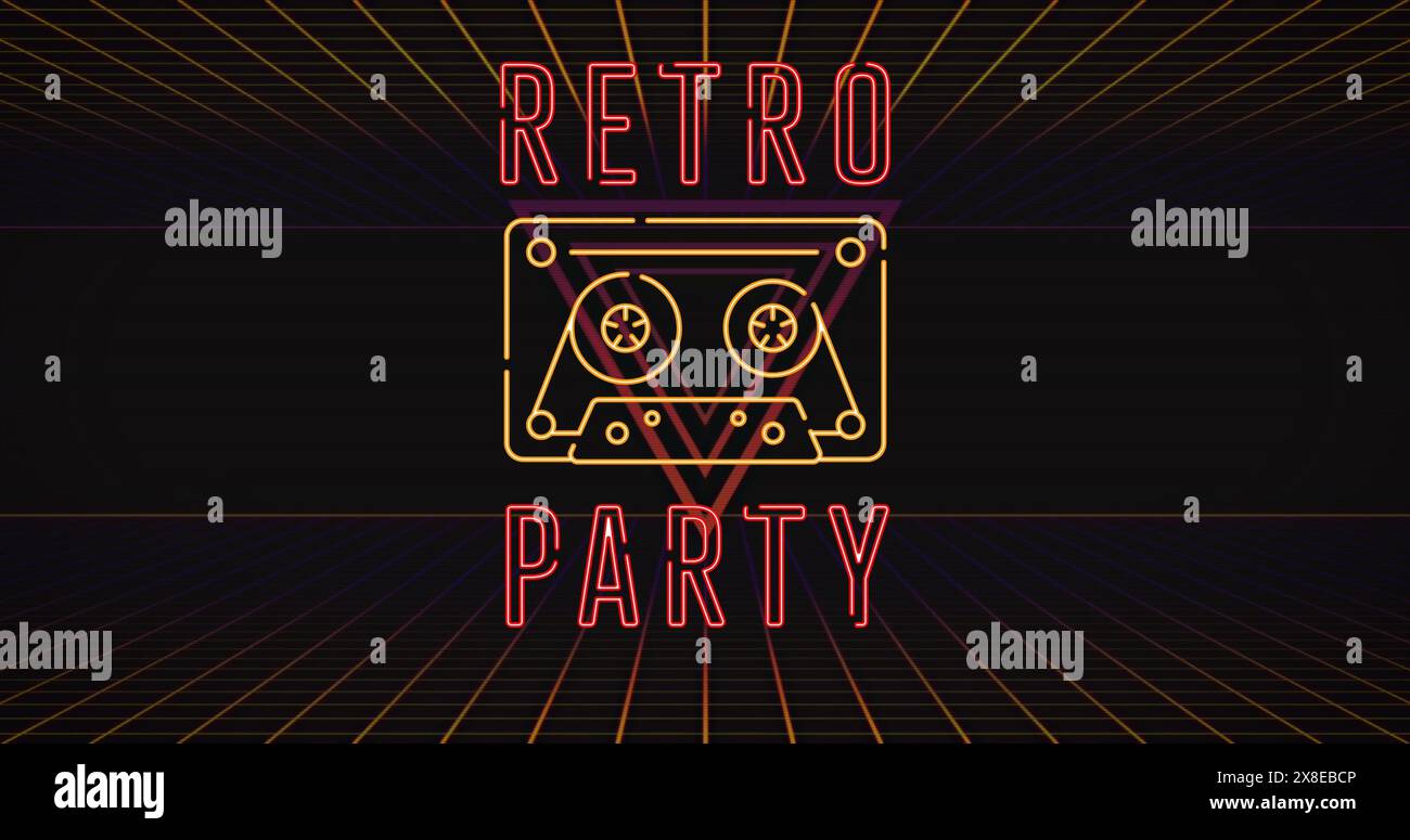 Glowing neon cassette tape design dominating retro party theme Stock ...