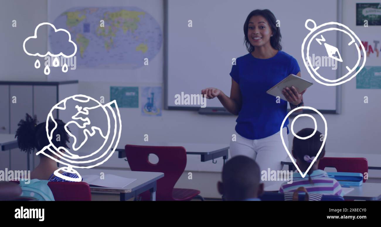 Biracial teacher teaches geography to diverse students focused on maps ...