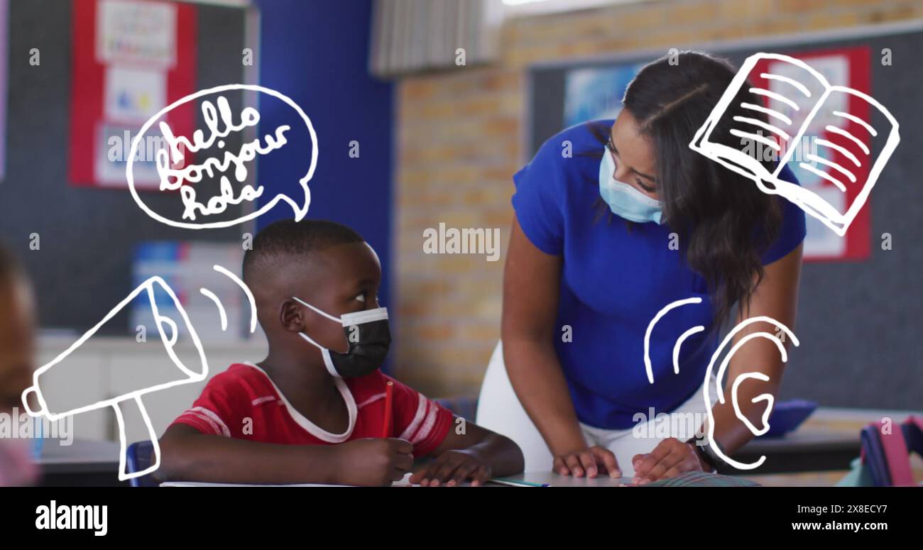 An African American student and biracial teacher, wearing masks ...