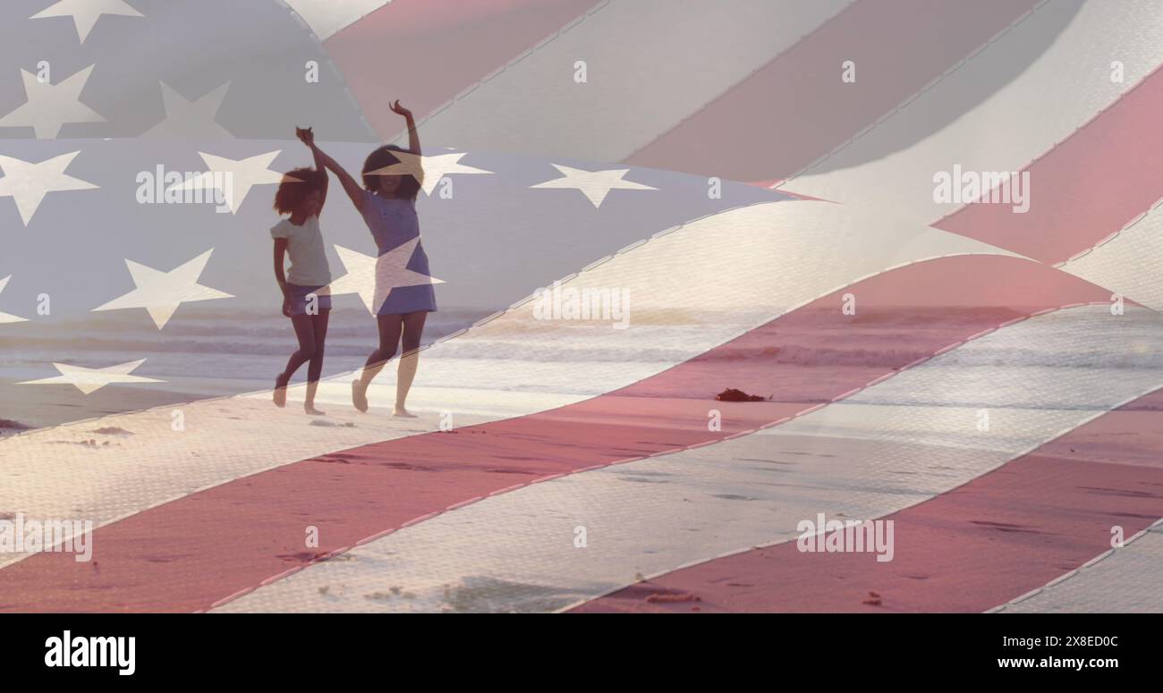 African American daughter and biracial mother in blue dresses dance on ...