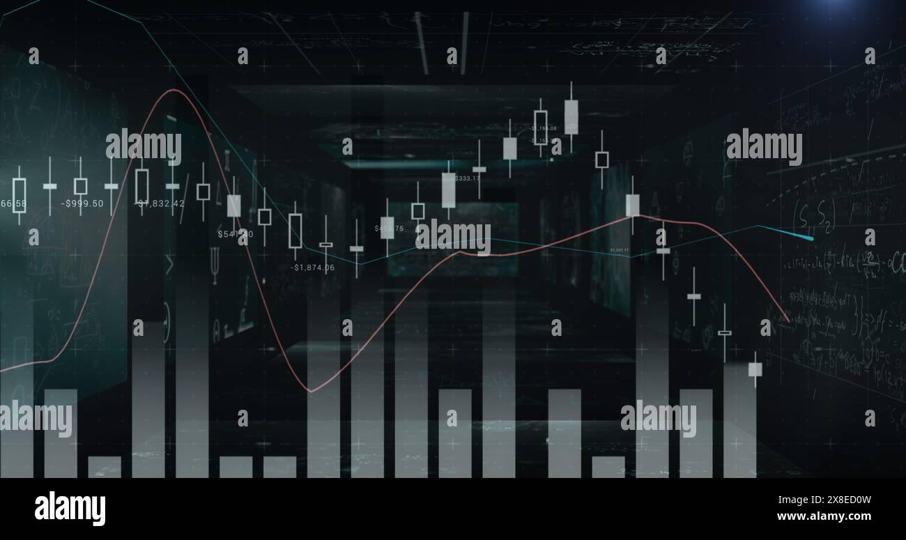 Graphs and charts displaying financial data floating in dark room Stock Photo - Alamy
