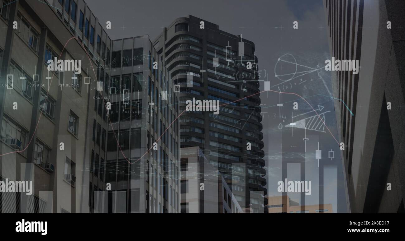 Modern buildings standing tall, overlaid with futuristic graphics Stock ...