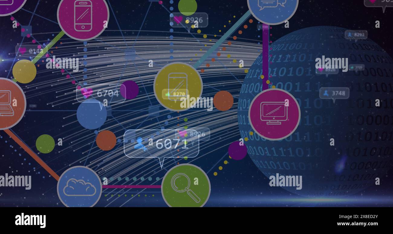 Digital icons representing technology, data floating across dark starry background Stock Photo ...
