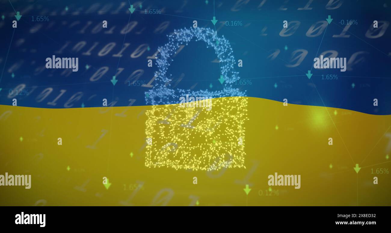 A Ukrainian flag blending with digital lock, symbolizing cybersecurity ...