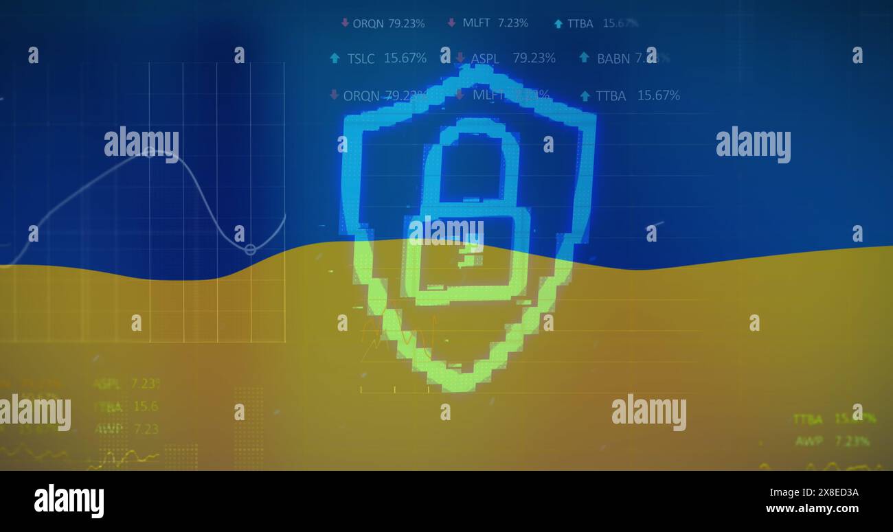 Blue digital shield with lock symbol overlays financial graphs and data ...