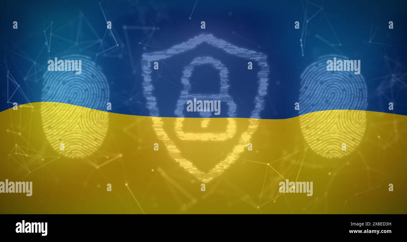 Two fingerprints overlaying digital shield on a blue and yellow ...