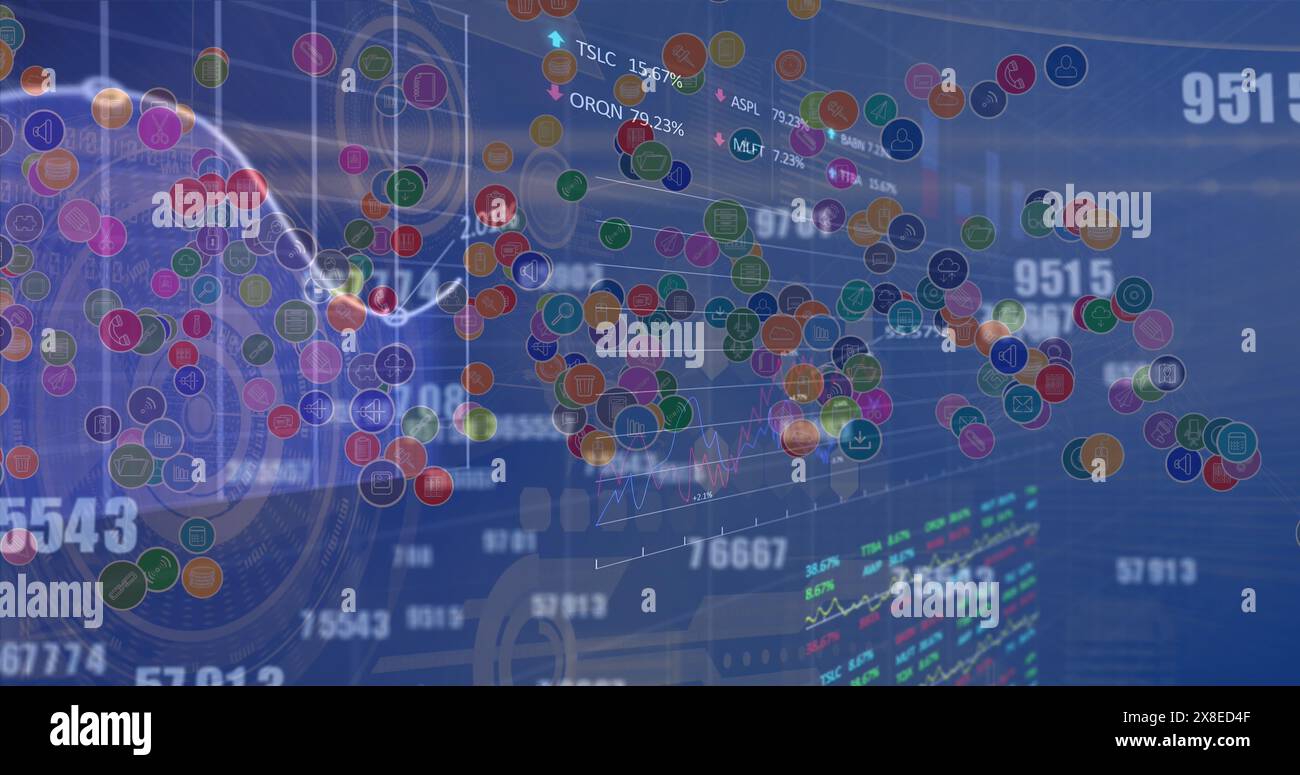 Colorful graphics overlaying stock market data are displaying on screen ...