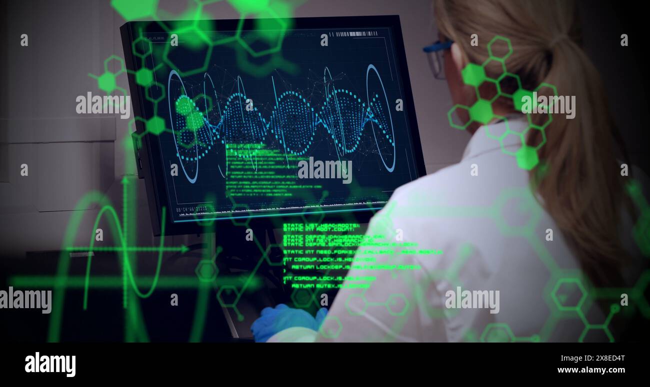 Caucasian Sister Wearing Lab Coat Is Analyzing Data On A Large Screen