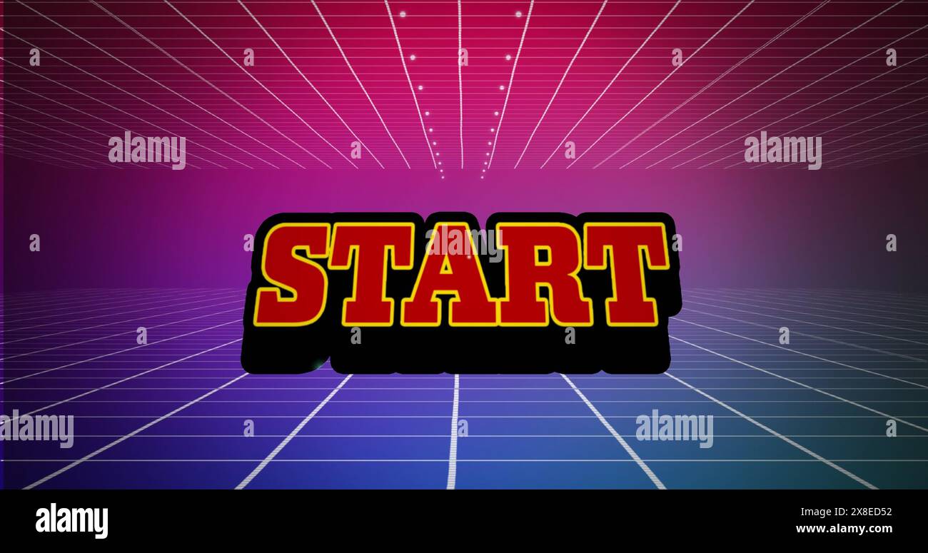 Bright neon lights illuminating START sign on a retro grid Stock Photo ...