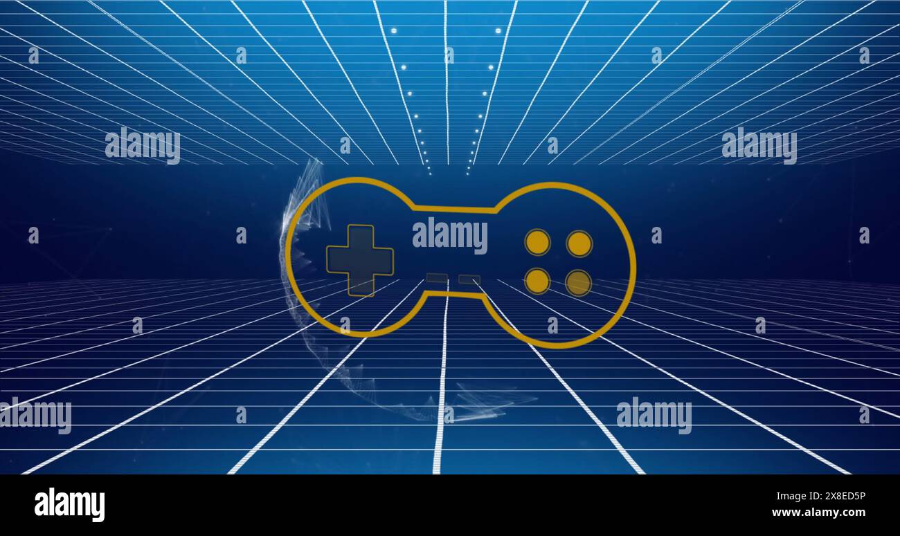 Golden game controller hovering above blue background Stock Photo - Alamy