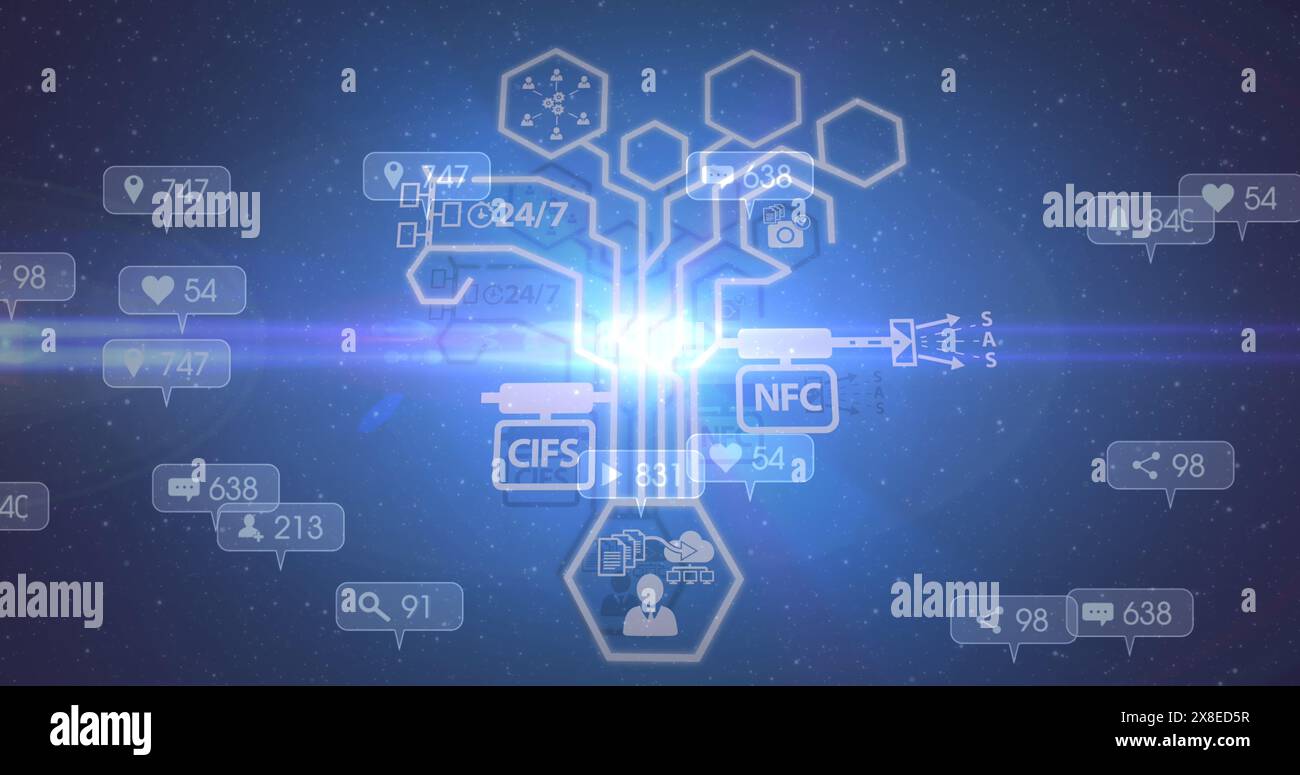 Digital icons and numbers float against a blue background with light ...