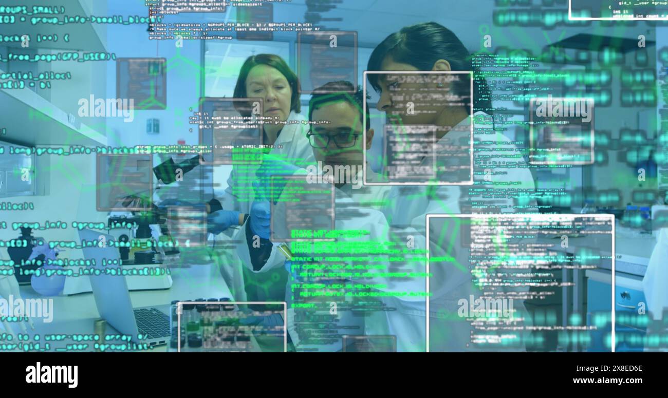 Caucasian female scientist and diverse male peer review data on screens ... Caucasian female scientist and diverse male peer review data on screens ...