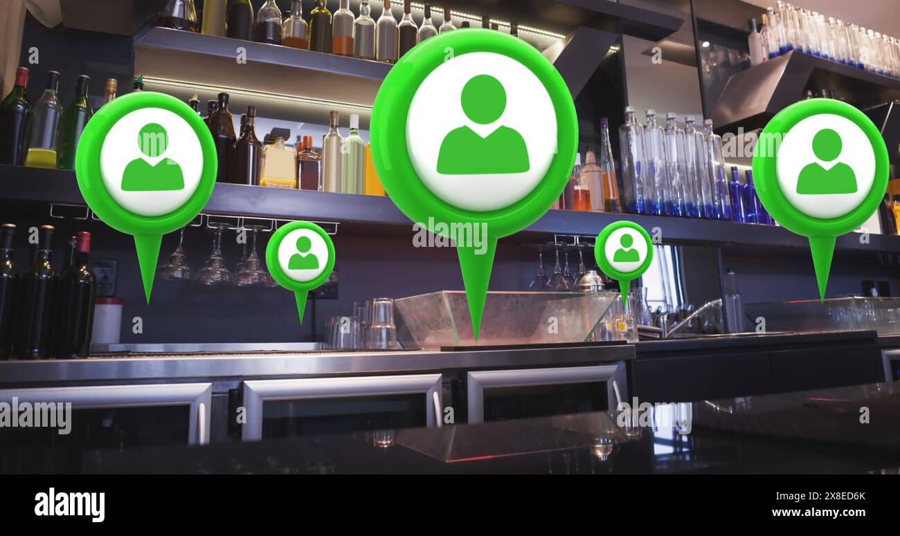 Three green icons representing people are floating above bar counter ...
