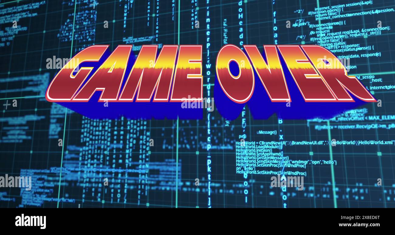 Bright red GAME OVER text appearing over blue digital code background ...