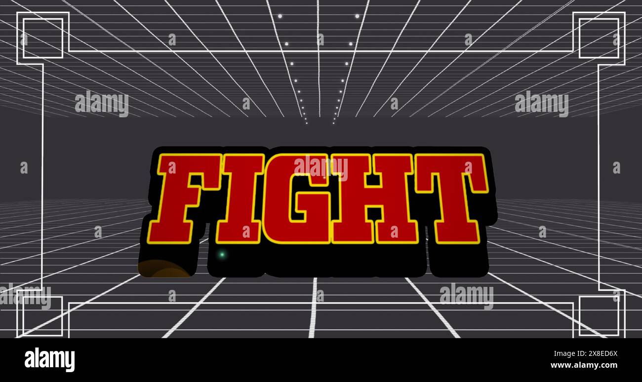 Large red FIGHT text appearing over black background in digital arena ...