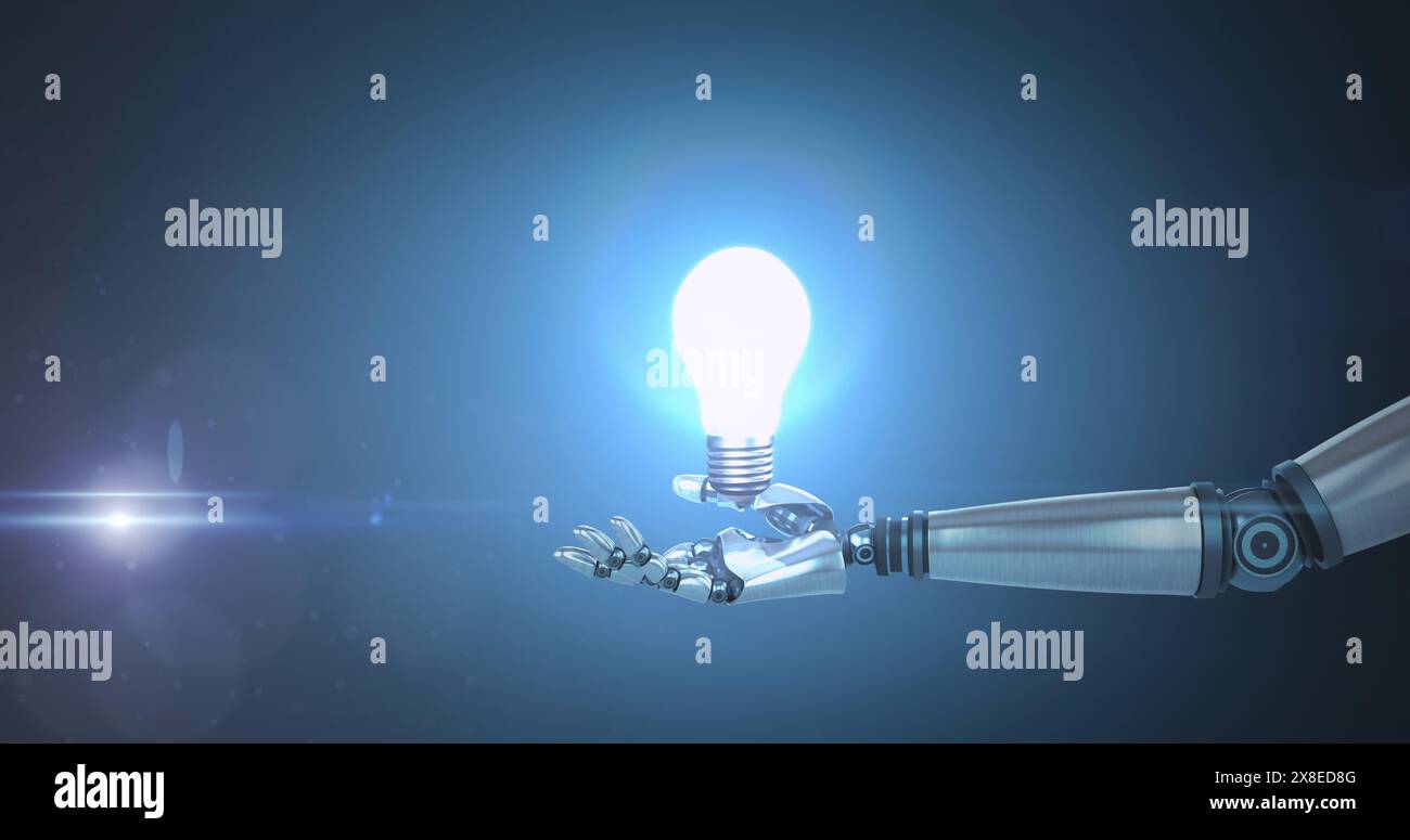 Robot hand holding glowing light bulb against blue background Stock ...