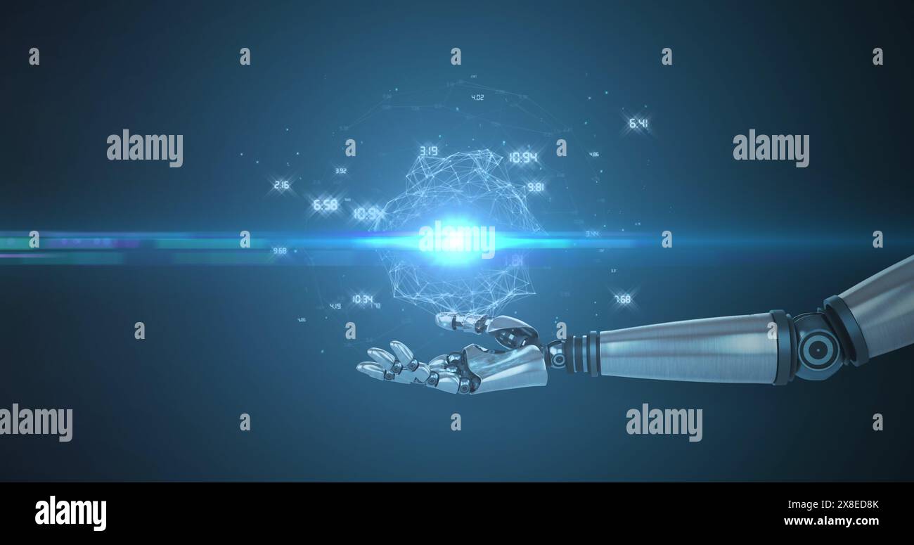 Robot hand touching digital data, numbers floating nearby Stock Photo ...