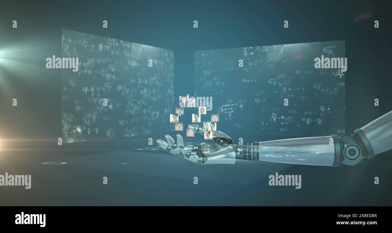 Robot hand interacts with floating screens showcasing math equations ...