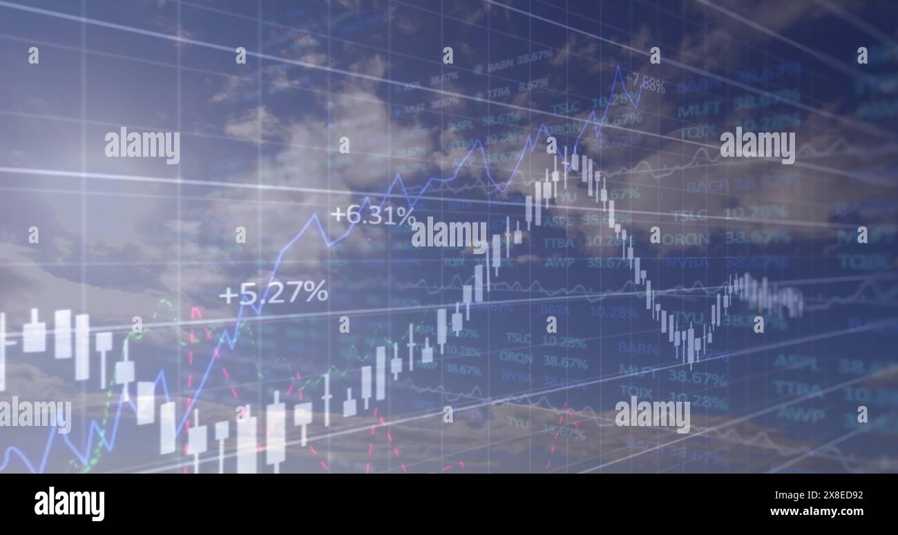Stock market charts and numbers overlaying cloudy sky Stock Photo - Alamy