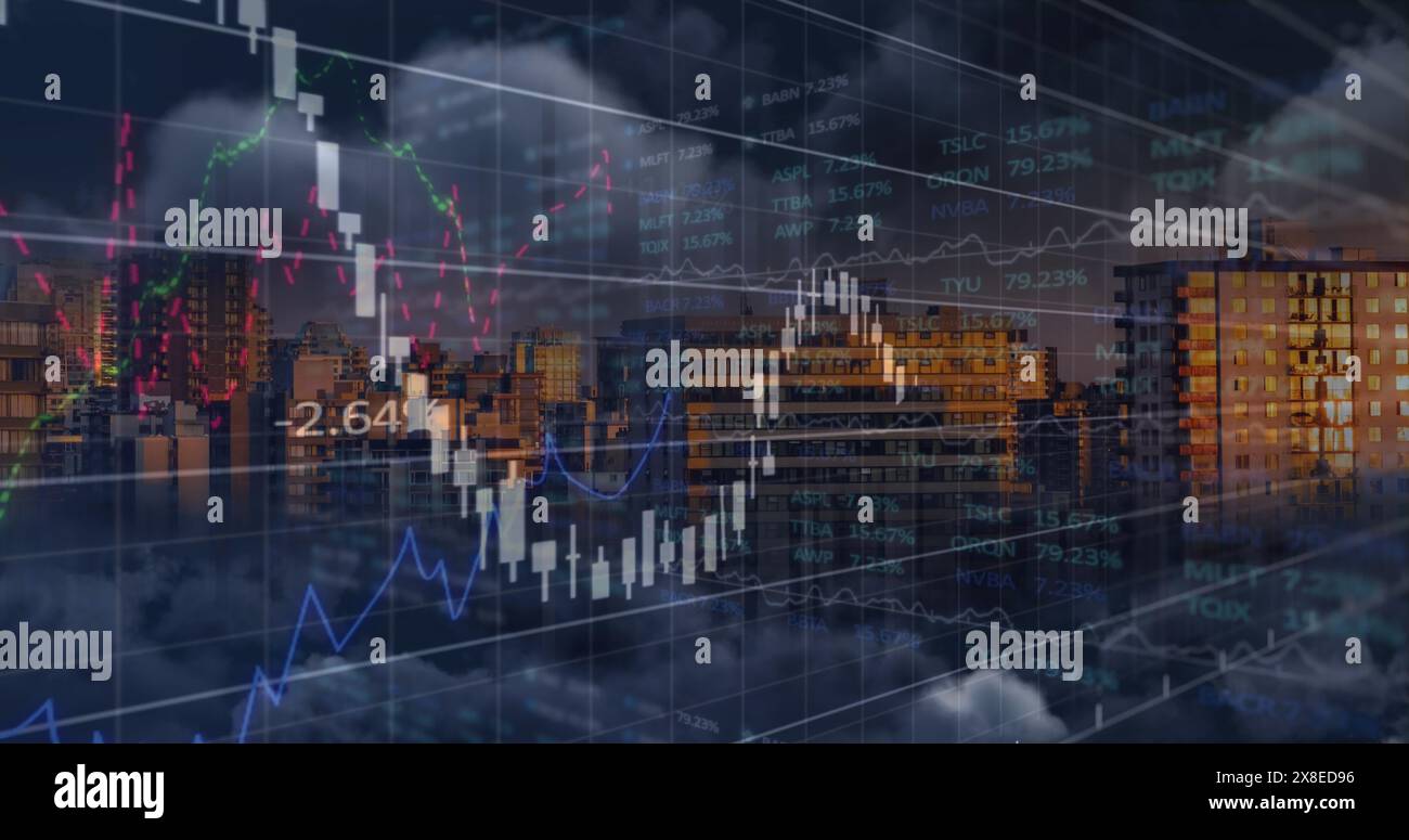 Stock market charts overlaying cityscape, glowing at night Stock Photo - Alamy