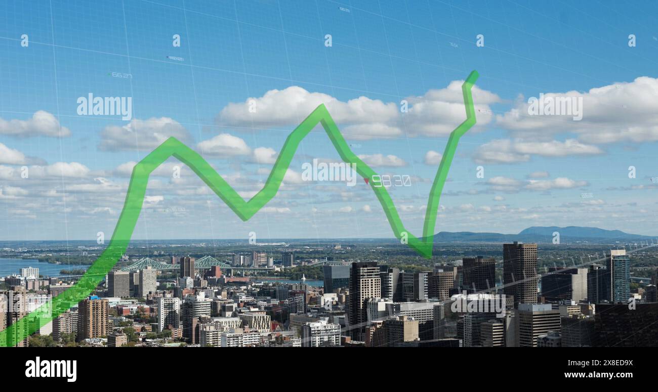 Green line graph charting growth overlays cityscape under a blue sky ...
