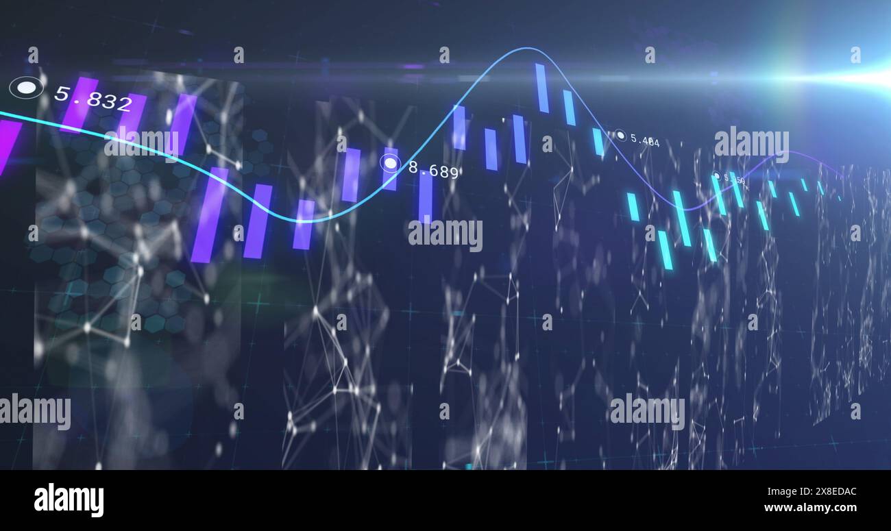 Blue and purple lines are representing data trends on digital screen ...