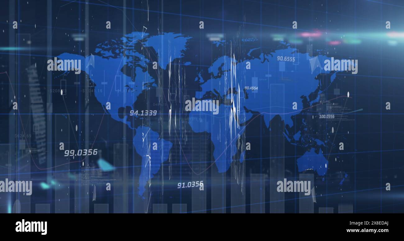 World map showing numerical data, glowing with blue background Stock Photo - Alamy