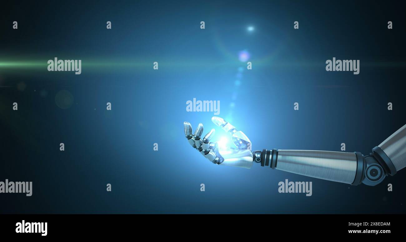 Robot hand reaching towards bright light, symbolizing technology ...