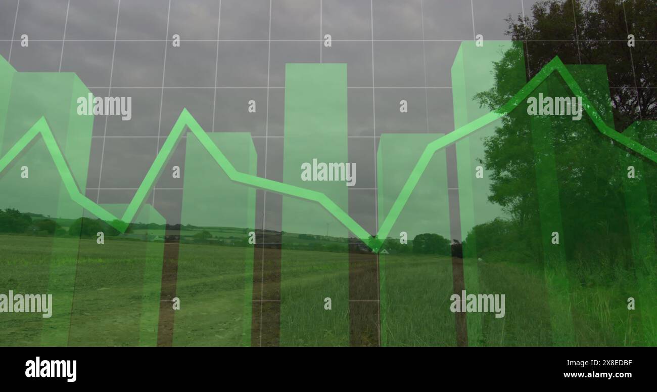 Green line graph overlaying serene countryside landscape, showing ...