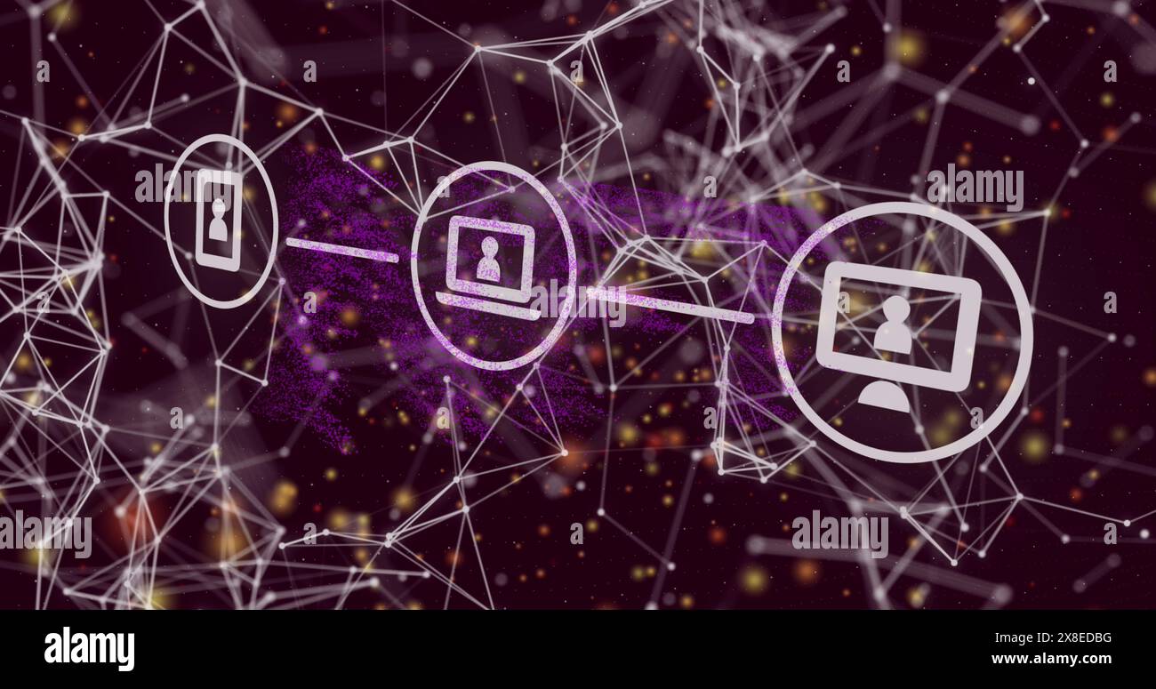 Digital icons network links profiles and devices, glowing on dark ...