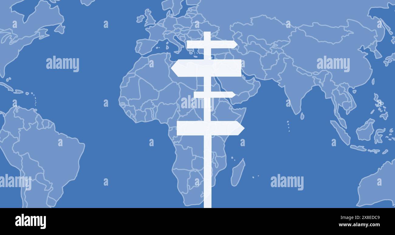Image of road sign and world map on blue background Stock Photo - Alamy