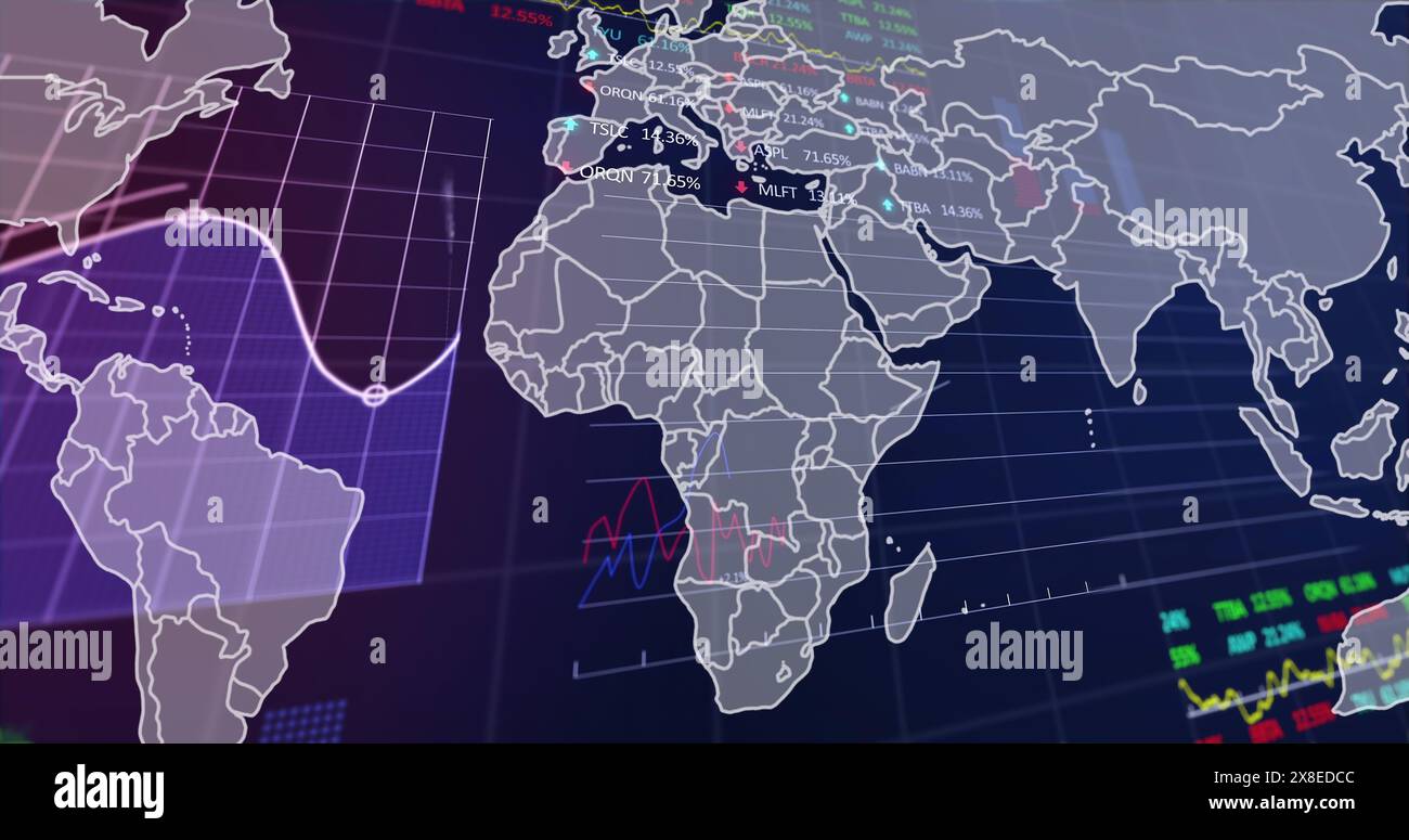 World map showing stock market indices with blue background Stock Photo ...