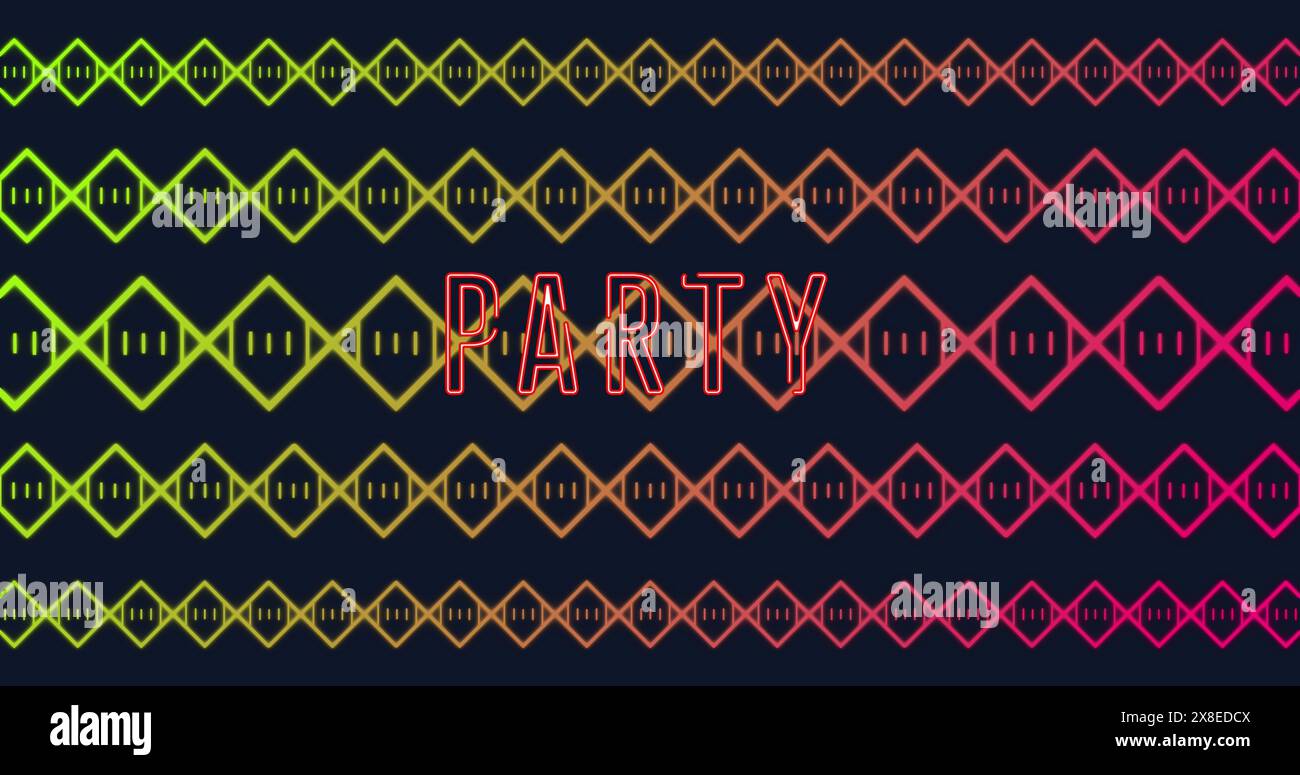 Bright neon letters spelling PARTY glowing in vibrant red background ...