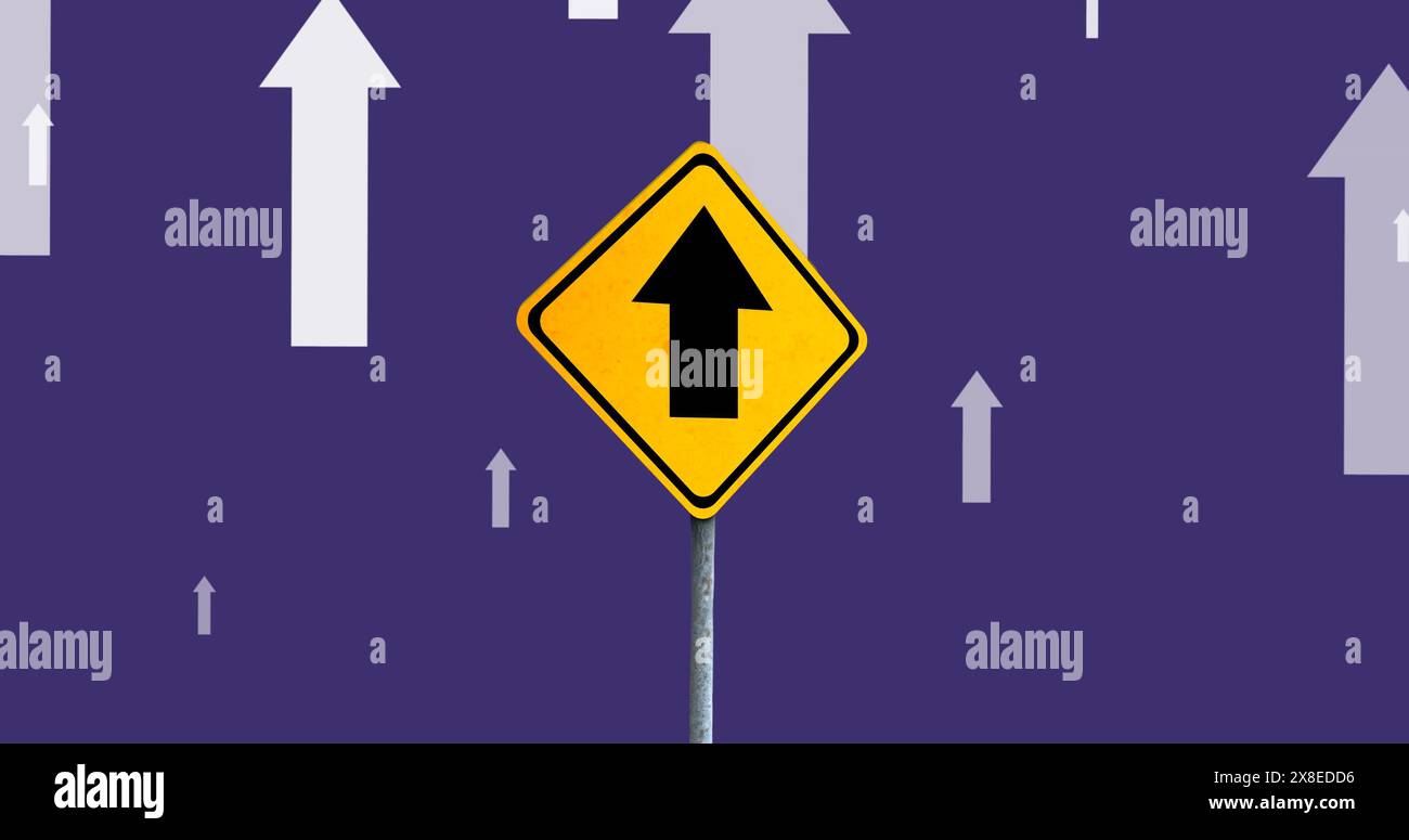 Image of road sign and arrows on blue background Stock Photo - Alamy