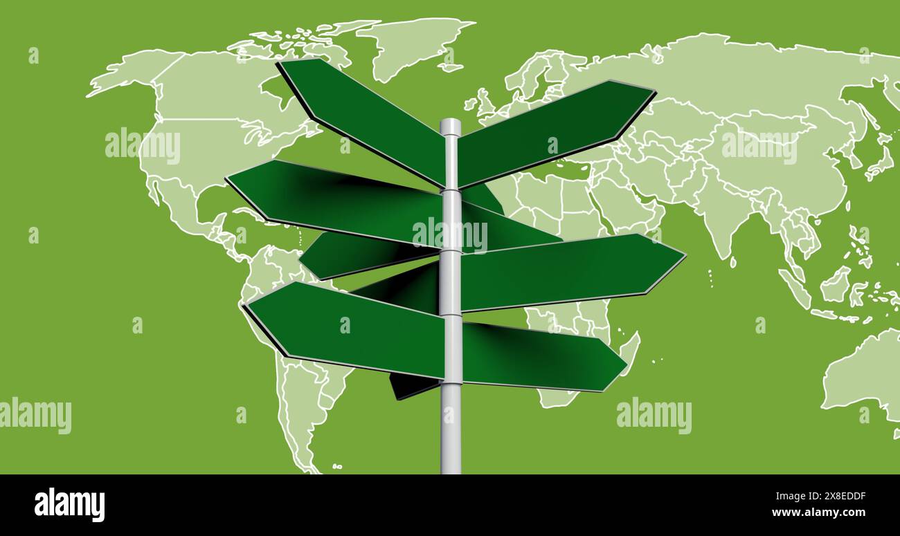 Image of road sign and world map on green background Stock Photo - Alamy