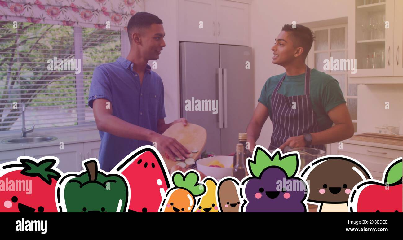 Two biracial men cooking together, one cutting vegetables Stock Photo ...