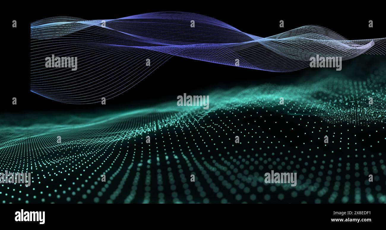 Image of curved blue mesh structure over undulating green 3d landscape ...