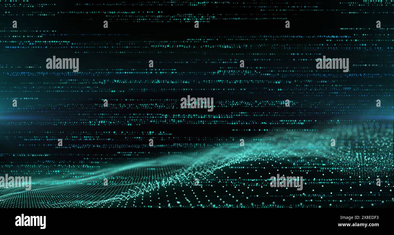 Image of horizontal lines of blue particles and undulating 3d landscape ...